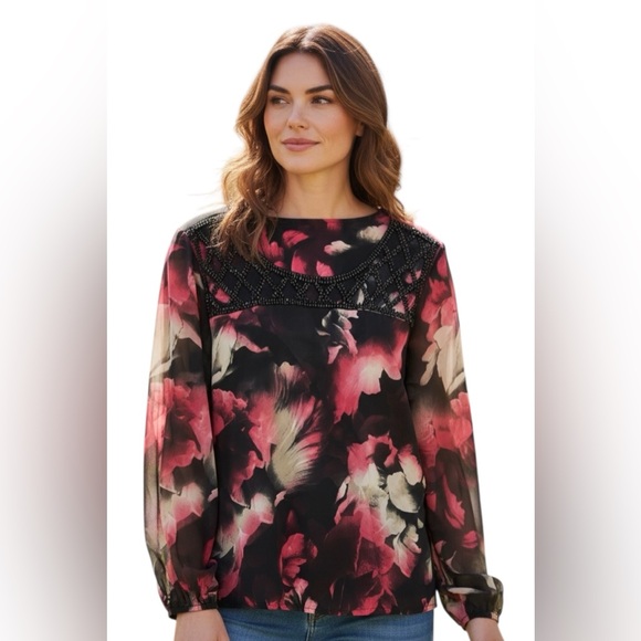 Alfani | Tops | Alfani Floral Blouse Xl Black Pink Beaded Yoke Long ...